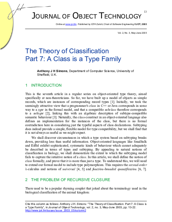 (PDF) The Theory of Classification, Part 7: A Class is a Type Family
