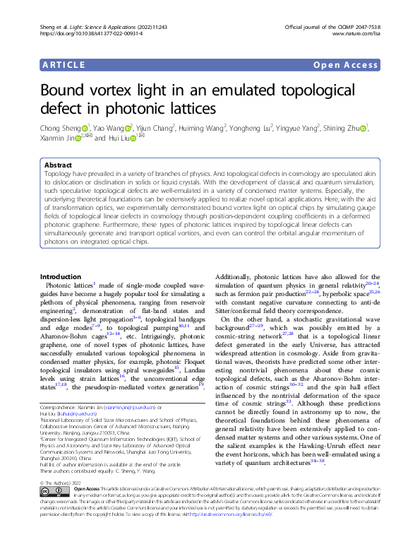 (PDF) Bound vortex light in an emulated topological defect in photonic lattices