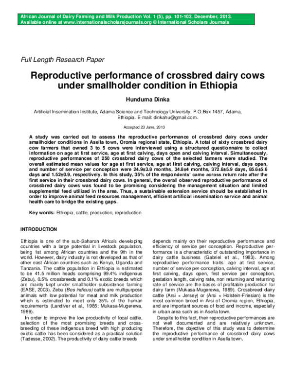 (PDF) Reproductive performance of crossbred dairy cows under smallholder condition in Ethiopia ...