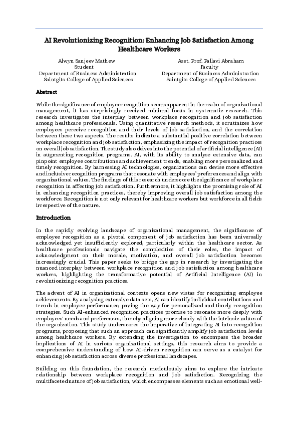 (PDF) AI Revolutionizing Recognition: Enhancing Job Satisfaction Among Healthcare Workers
