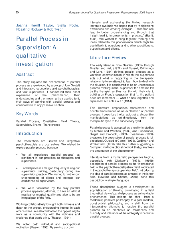 (PDF) Parallel Process in Supervision:: A qualitative investigation