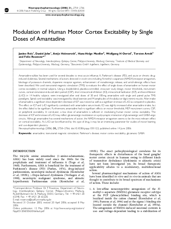 (PDF) Modulation of Human Motor Cortex Excitability by Single Doses of ...