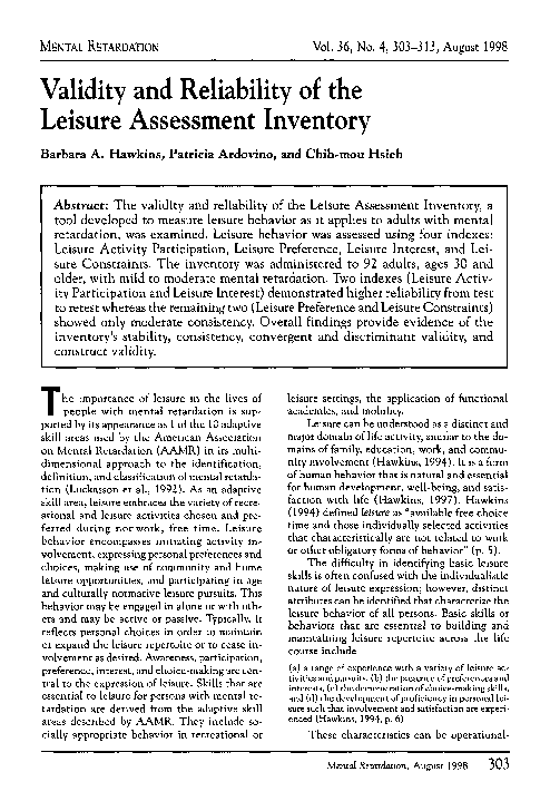 (PDF) Validity and Reliability of the Leisure Assessment Inventory