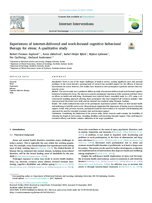 (PDF) Experiences of internet-delivered and work-focused cognitive ...