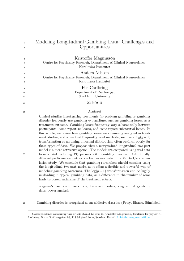 (PDF) Modeling Longitudinal Gambling Data: Challenges and Opportunities