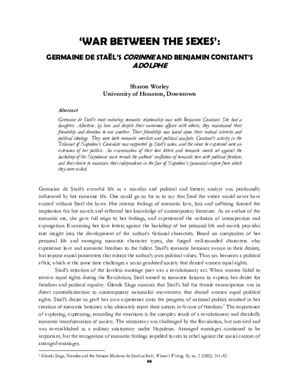 (PDF) War between the sexes': Germaine de Stael's 'Corinne' and Benjamin Constant's 'Adolphe