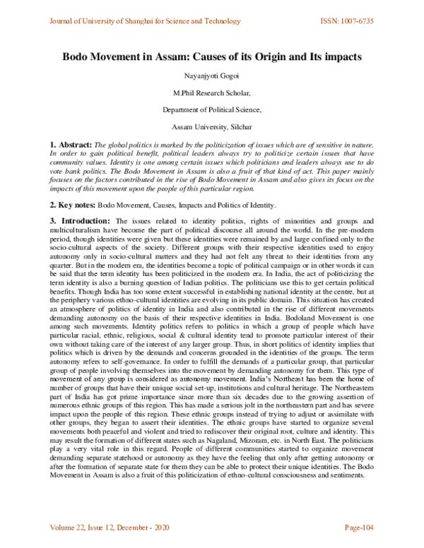 (PDF) Bodo Movement in Assam: Causes of its Origin and Its impacts