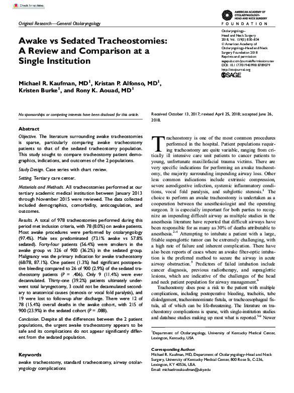 (PDF) Awake vs Sedated Tracheostomies: A Review and Comparison at a ...
