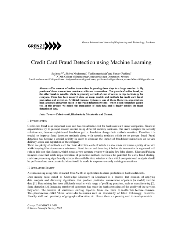 Pdf Credit Card Fraud Detection Using Machine Learning Grenze International Journal Of