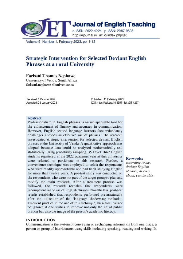 (PDF) Strategic Intervention for Selected Deviant English Phrases at a rural University