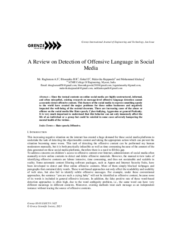 (PDF) A Review on Detection of Offensive Language in Social Media