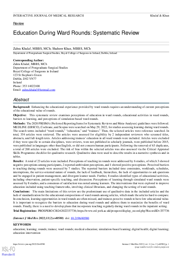 (PDF) Education During Ward Rounds: Systematic Review