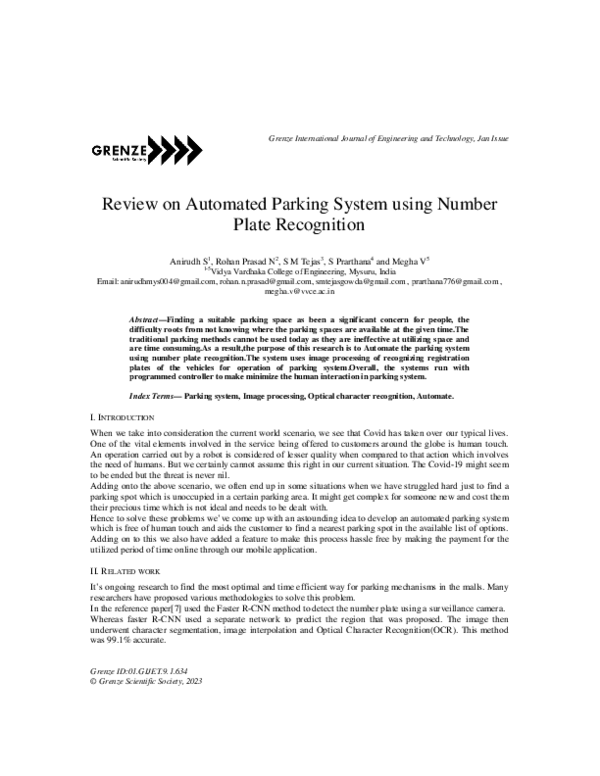 (PDF) Review on Automated Parking System using Number Plate Recognition