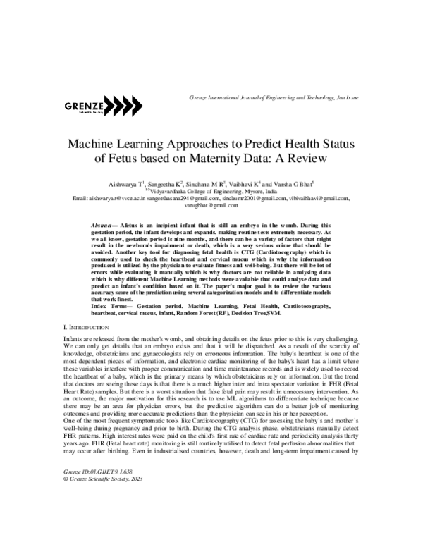 (PDF) Machine Learning Approaches to Predict Health Status of Fetus ...