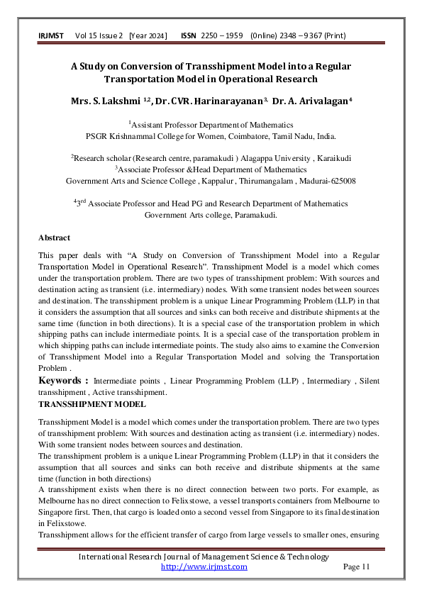 (PDF) A Study on Conversion of Transshipment Model into a Regular Transportation Model in ...