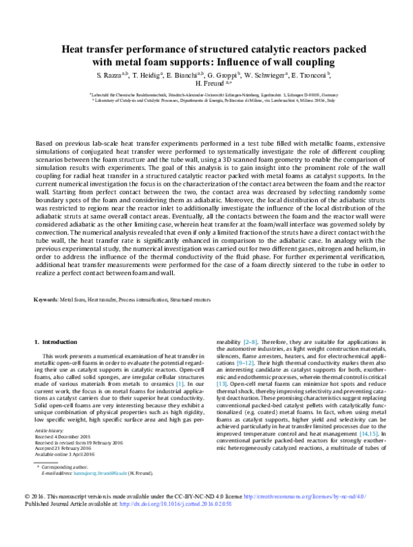 (PDF) Heat transfer performance of structured catalytic reactors packed with metal foam supports ...
