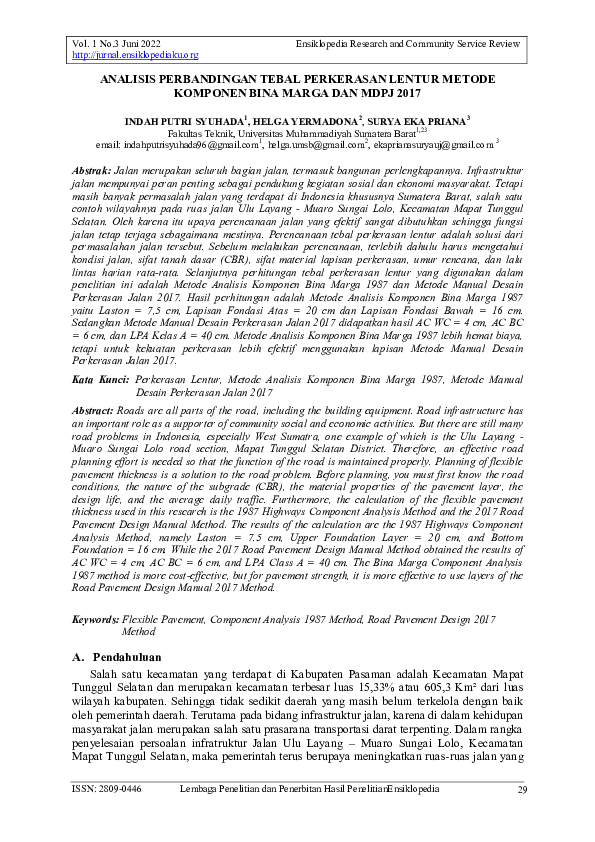 (PDF) Analisis Perbandingan Tebal Perkerasan Lentur Metode Komponen Bina Marga Dan MDPJ 2017