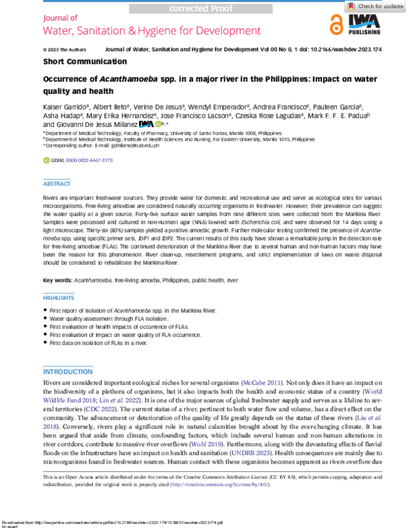 Pdf Occurrence Of Acanthamoeba Spp In A Major River In The Philippines Impact On Water