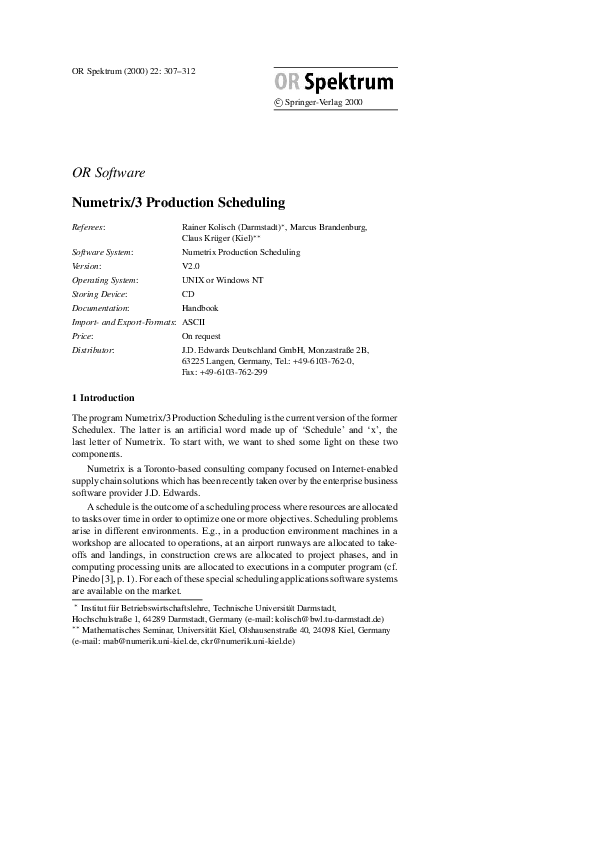 (PDF) Numetrix/3 Production Scheduling