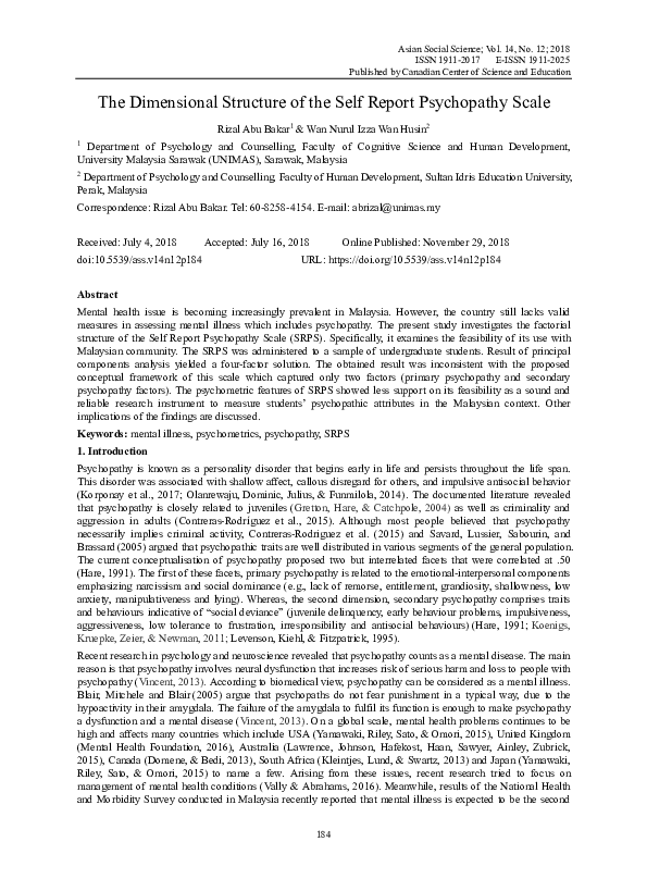 (PDF) The Dimensional Structure of the Self Report Psychopathy Scale