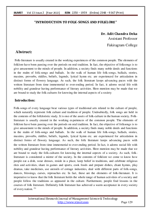 (PDF) INTRODUCTION TO FOLK-SONGS AND FOLKLORE