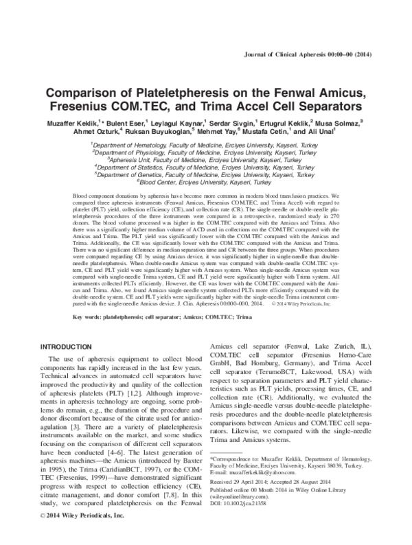 (PDF) Comparison of plateletpheresis on the Fenwal Amicus, Fresenius ...