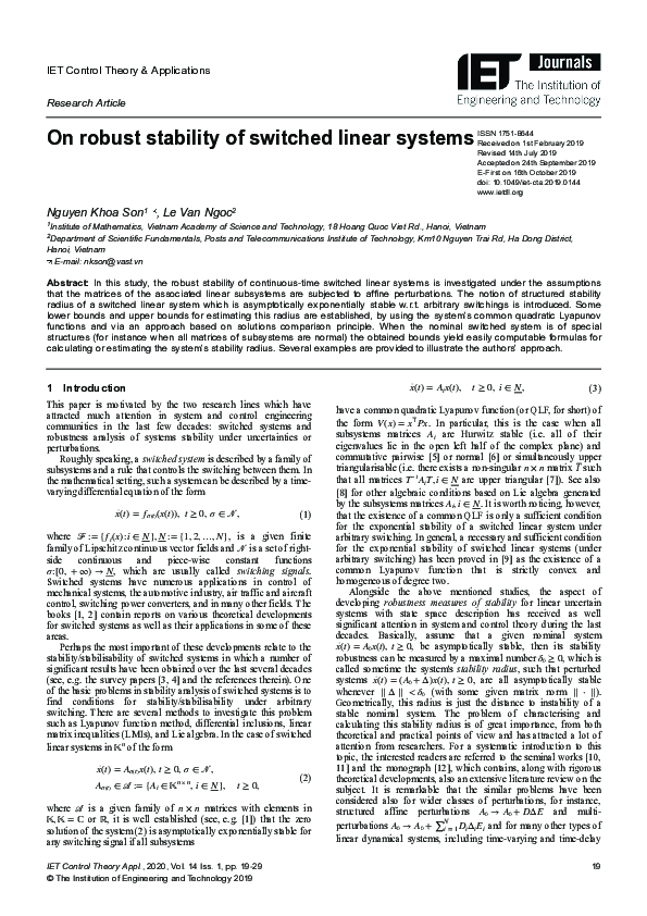(PDF) On Robust Stability of Switched Linear Systems