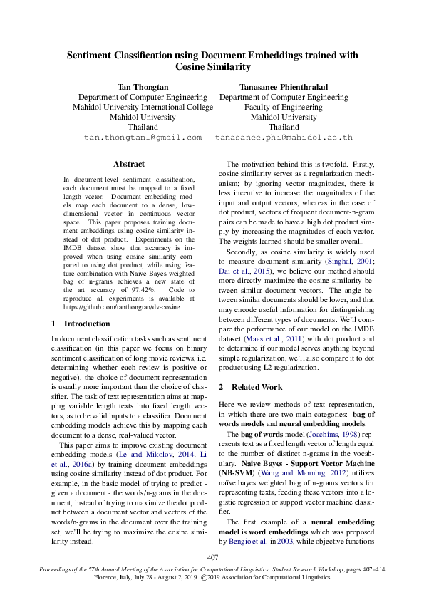 (PDF) Sentiment Classification Using Document Embeddings Trained with Cosine Similarity