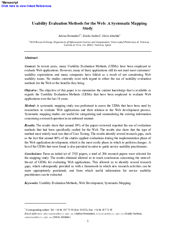(PDF) Usability evaluation methods for the web: A systematic mapping study | Adrian Fernandez ...