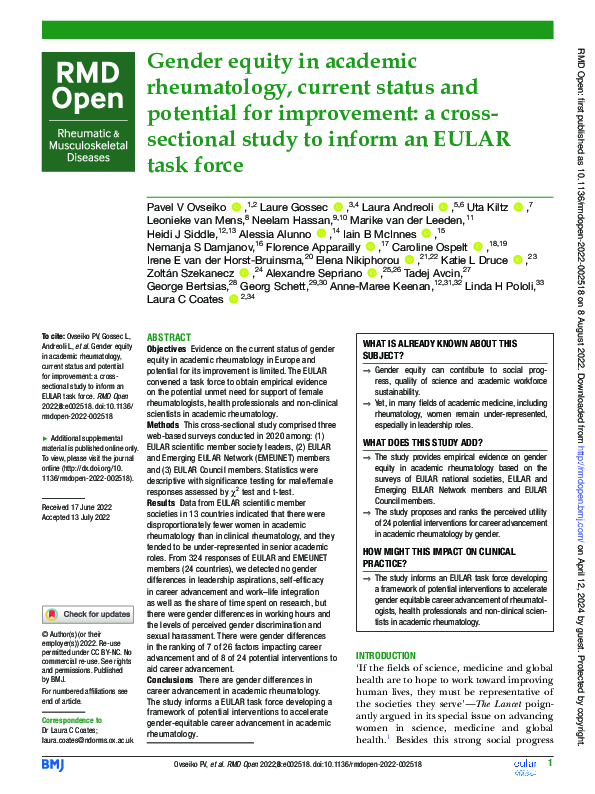 (PDF) Gender equity in academic rheumatology, current status and potential for improvement: a ...