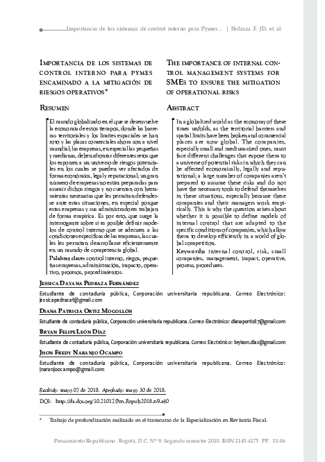 (PDF) Importancia De Los Sistemas De Control Interno Para Pymes Encaminado a La Mitigación De ...