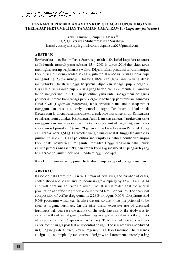 (PDF) PENGARUH PEMBERIAN AMPAS KOPI SEBAGAI PUPUK ORGANIK TERHADAP PERTUMBUHAN TANAMAN CABAI ...