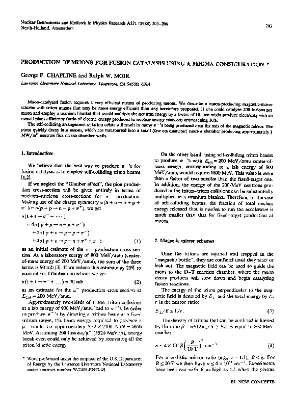 (PDF) Production of muons for fusion catalysis using a migma configuration