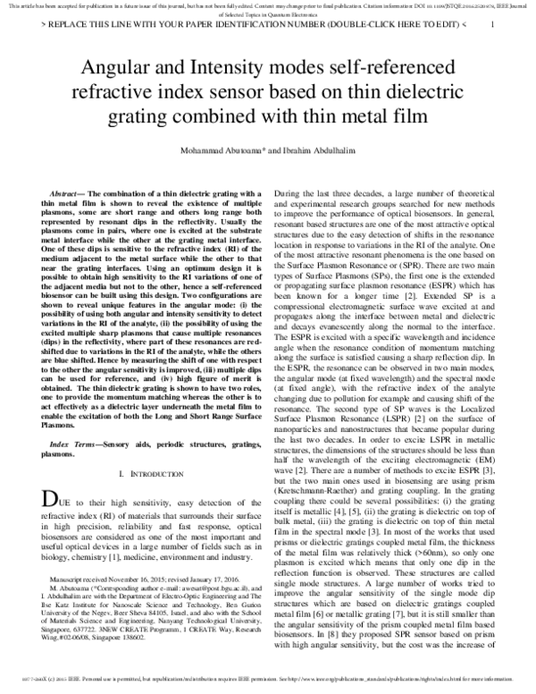 Pdf Angular And Intensity Modes Self Referenced Refractive Index Sensor Based On Thin