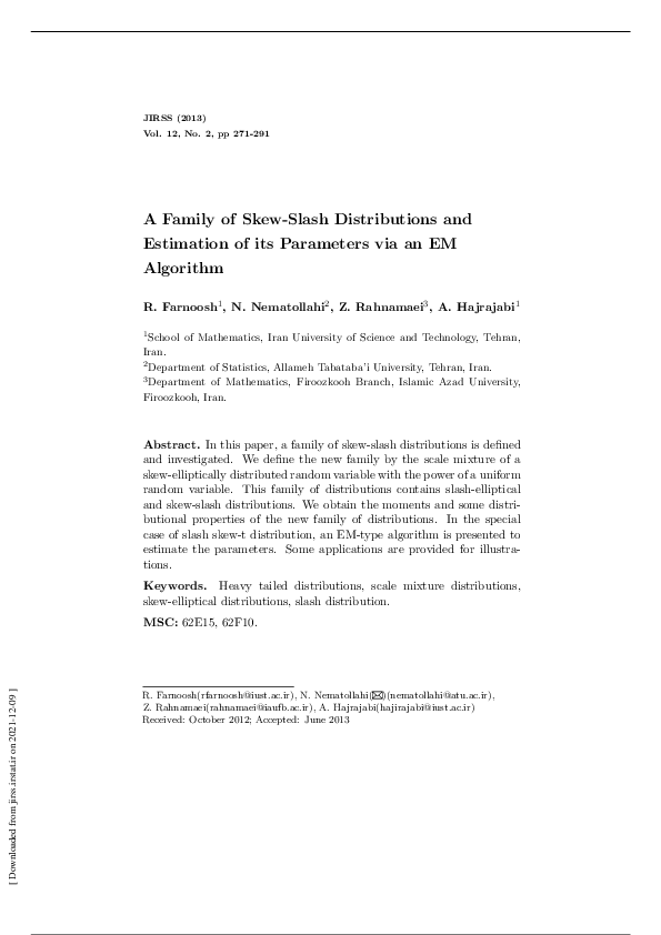 (PDF) A Family of Skew-Slash Distributions and Estimation of its Parameters via an EM Algorithm