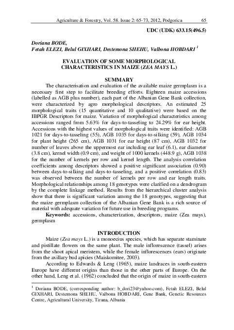 (PDF) Evaluation of Some Morphological Characteristics in Maize (Zea Mays )