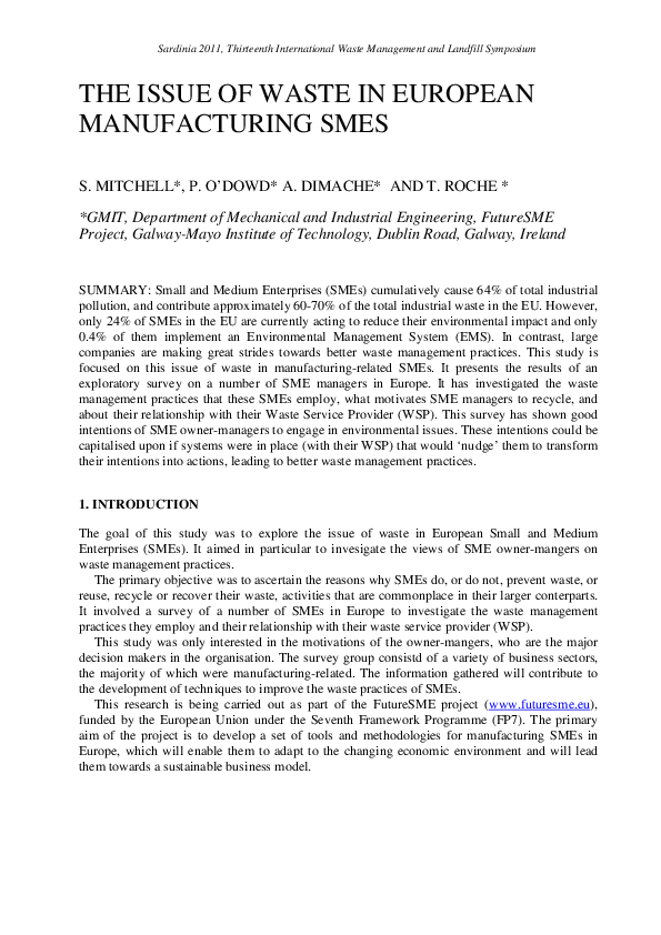 (PDF) The Issue of Waste in European Manufacturing Smes