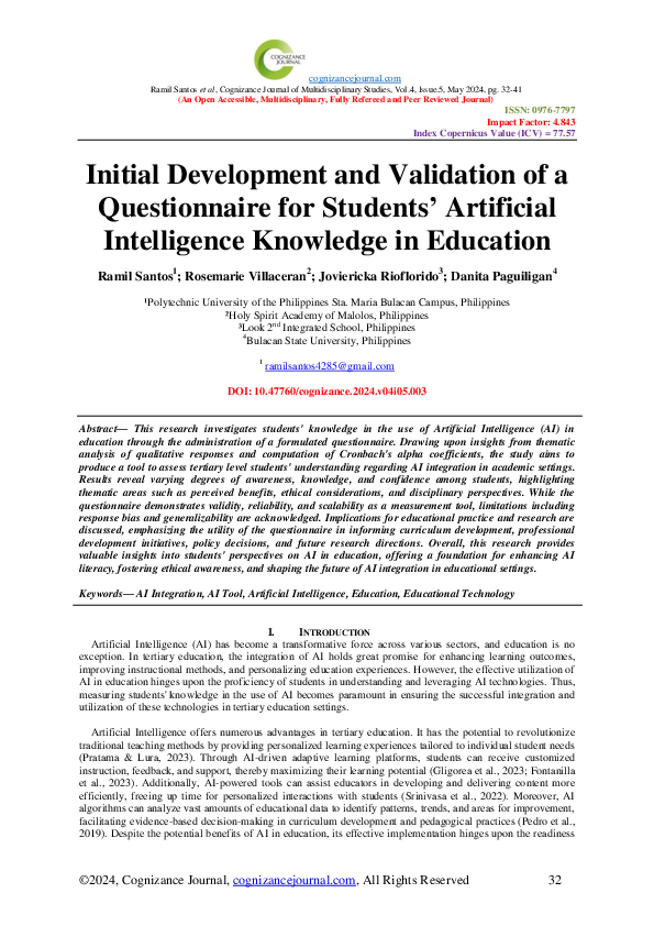 (PDF) Initial Development and Validation of a Questionnaire for Students’ Artificial ...