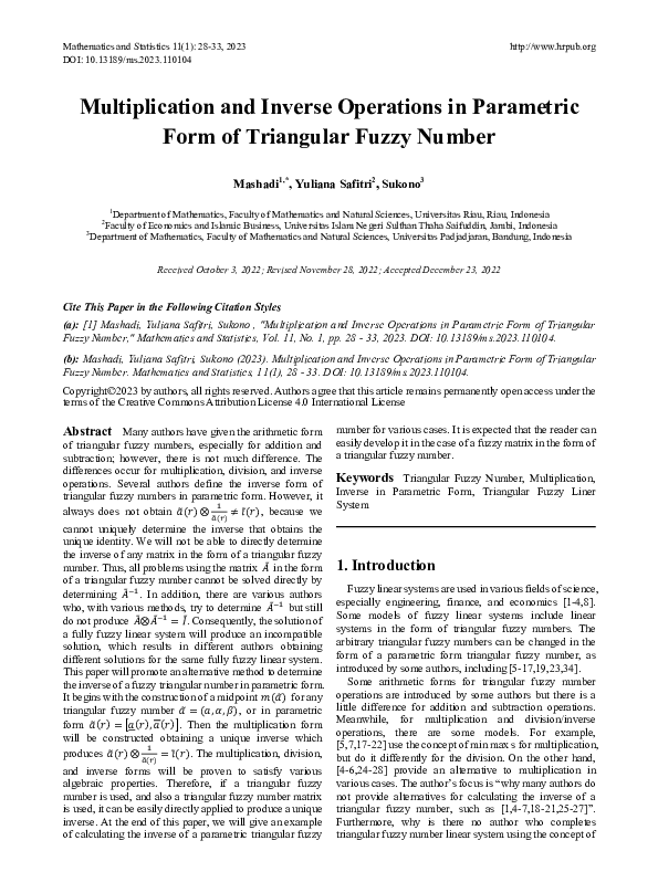 (PDF) Multiplication and Inverse Operations in Parametric Form of Triangular Fuzzy Number