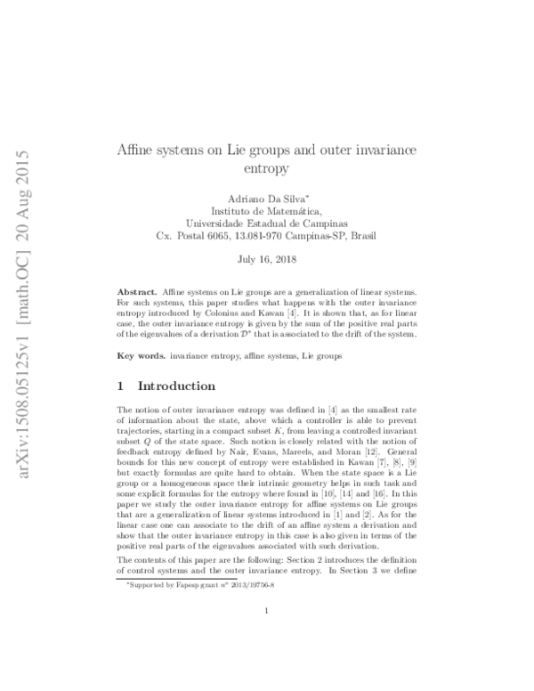 (PDF) Affine systems on Lie groups and outer invariance entropy