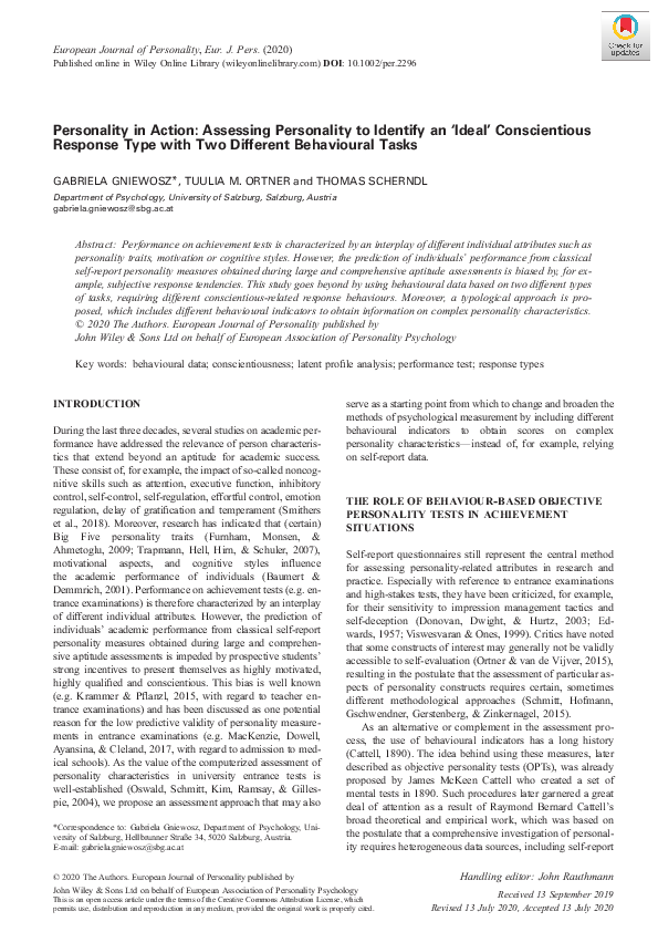 (PDF) Personality in Action: Assessing Personality to Identify an ...
