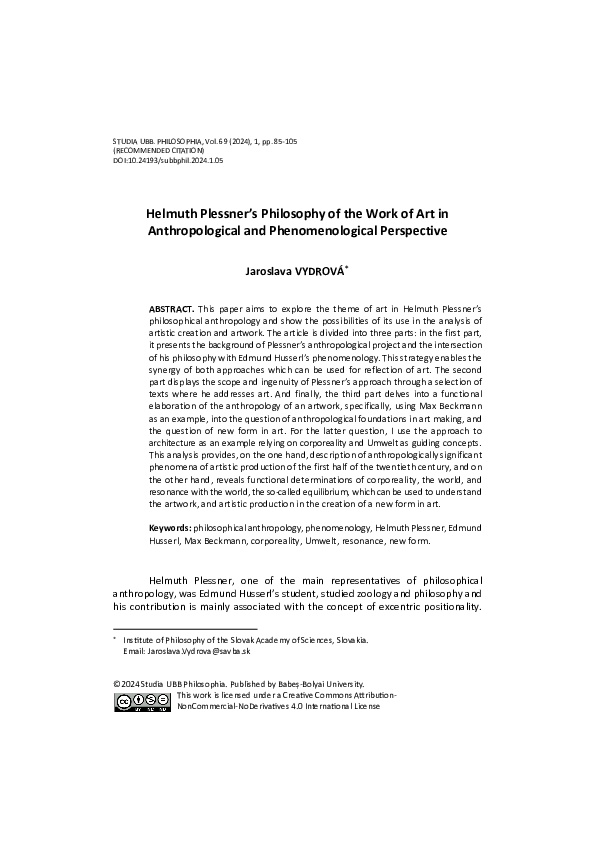 (PDF) Helmuth Plessner's Philosophy of the Work of Art in ...