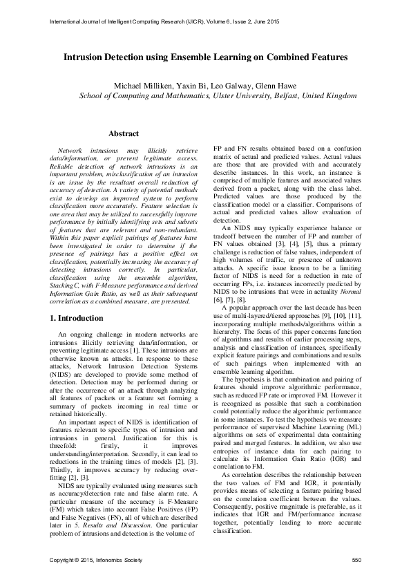 (PDF) Intrusion Detection using Ensemble Learning on Combined Features