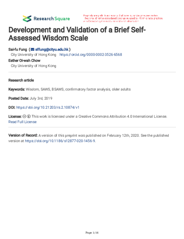 (PDF) Development and Validation of a Brief Self-Assessed Wisdom Scale
