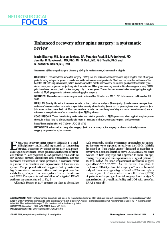 (PDF) Enhanced recovery after spine surgery: a systematic review