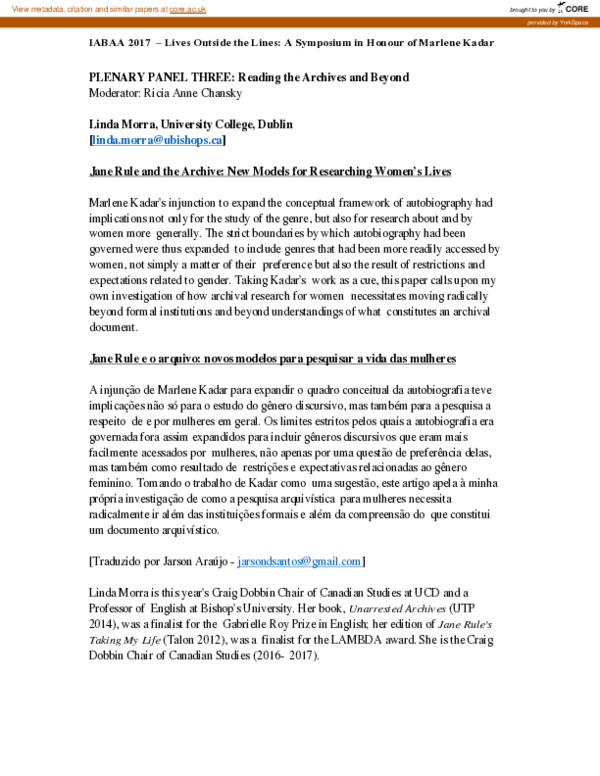 (PDF) Jane Rule and the Archive: New Models for Researching Women’s Lives