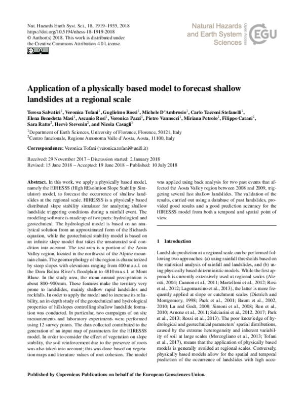 (PDF) Application of a physically based model to forecast shallow landslides at a regional scale