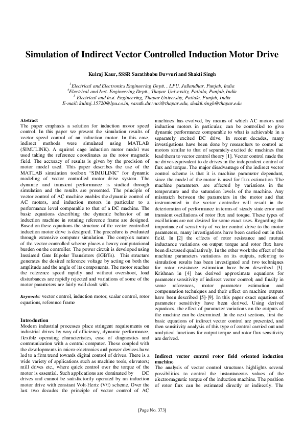 (PDF) Simulation of Indirect Vector Controlled Induction Motor Drive