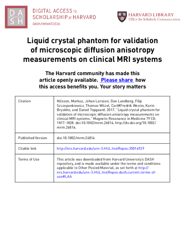 (PDF) Liquid crystal phantom for validation of microscopic diffusion anisotropy measurements on ...