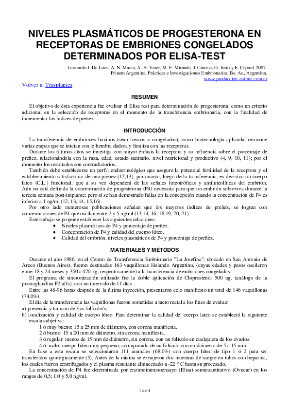 (PDF) Niveles Plasmáticos De Progesterona en Receptoras De Embriones ...